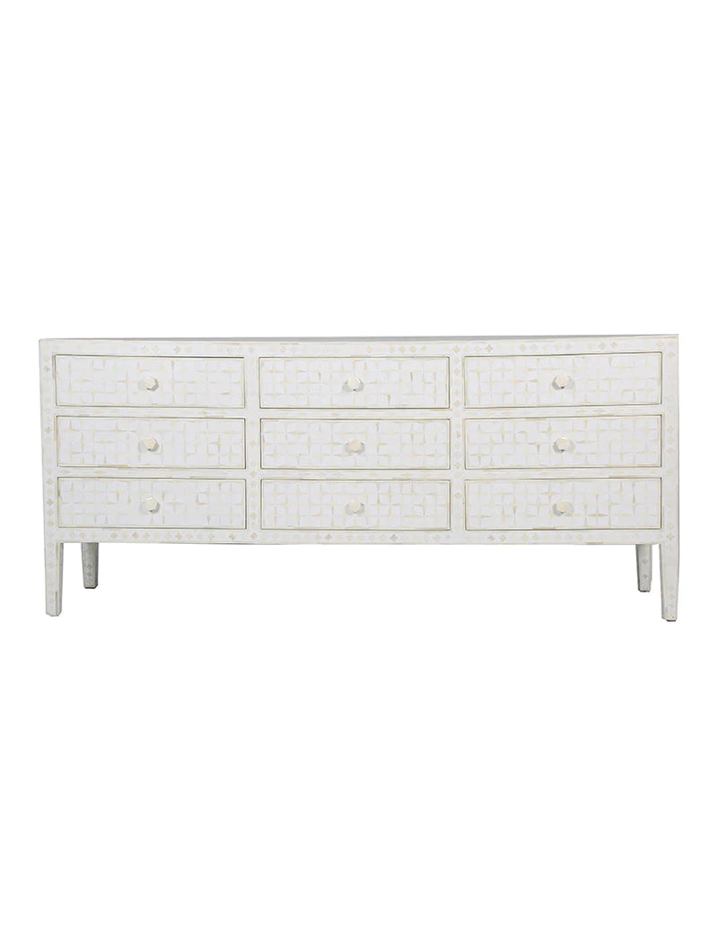 Bone Inlay 9 Drawer Chest Starburst White - ReesandRees